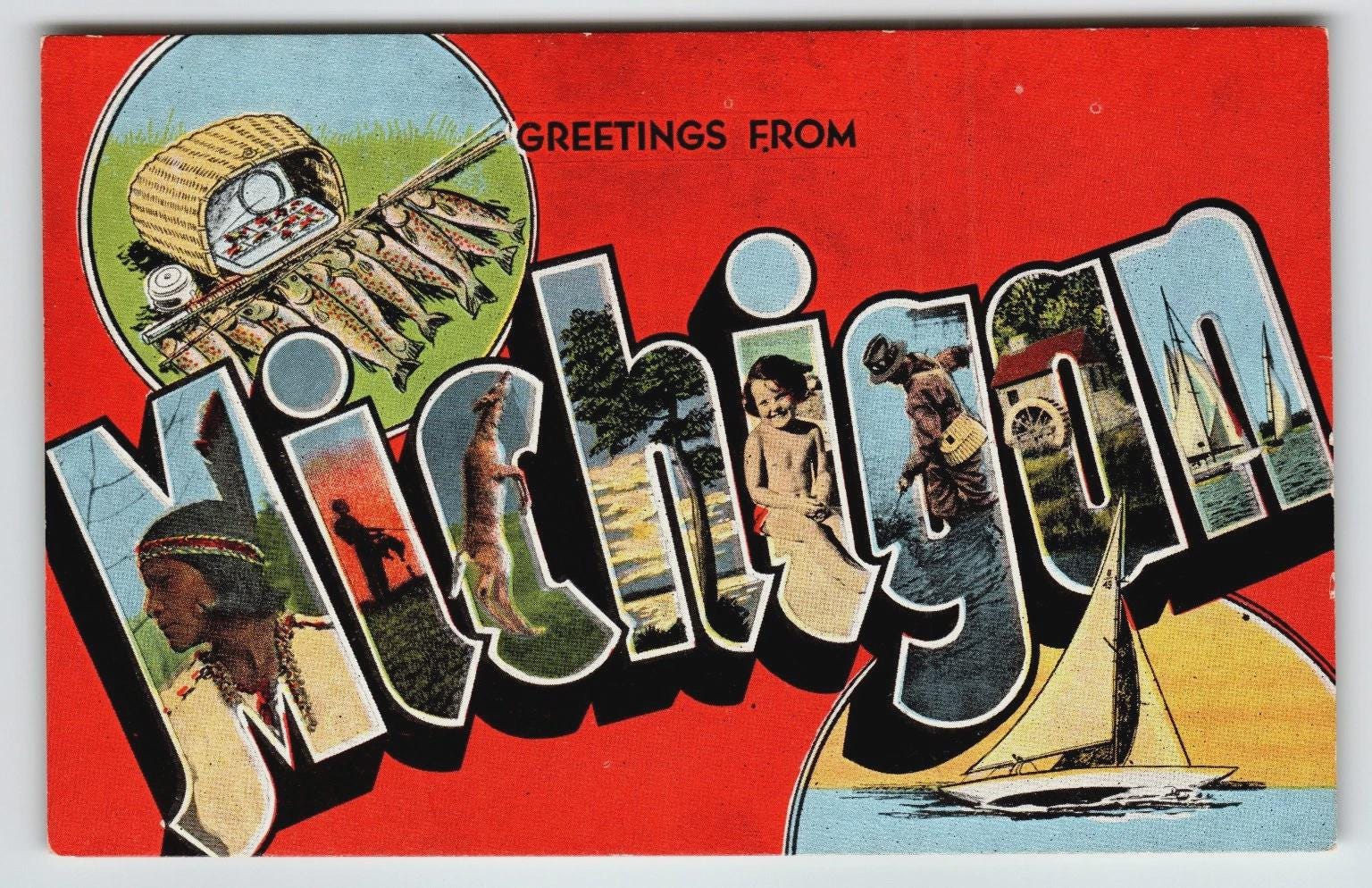 Vintage Greetings From Michigan Large Letter Linen Postcard by E.C ...