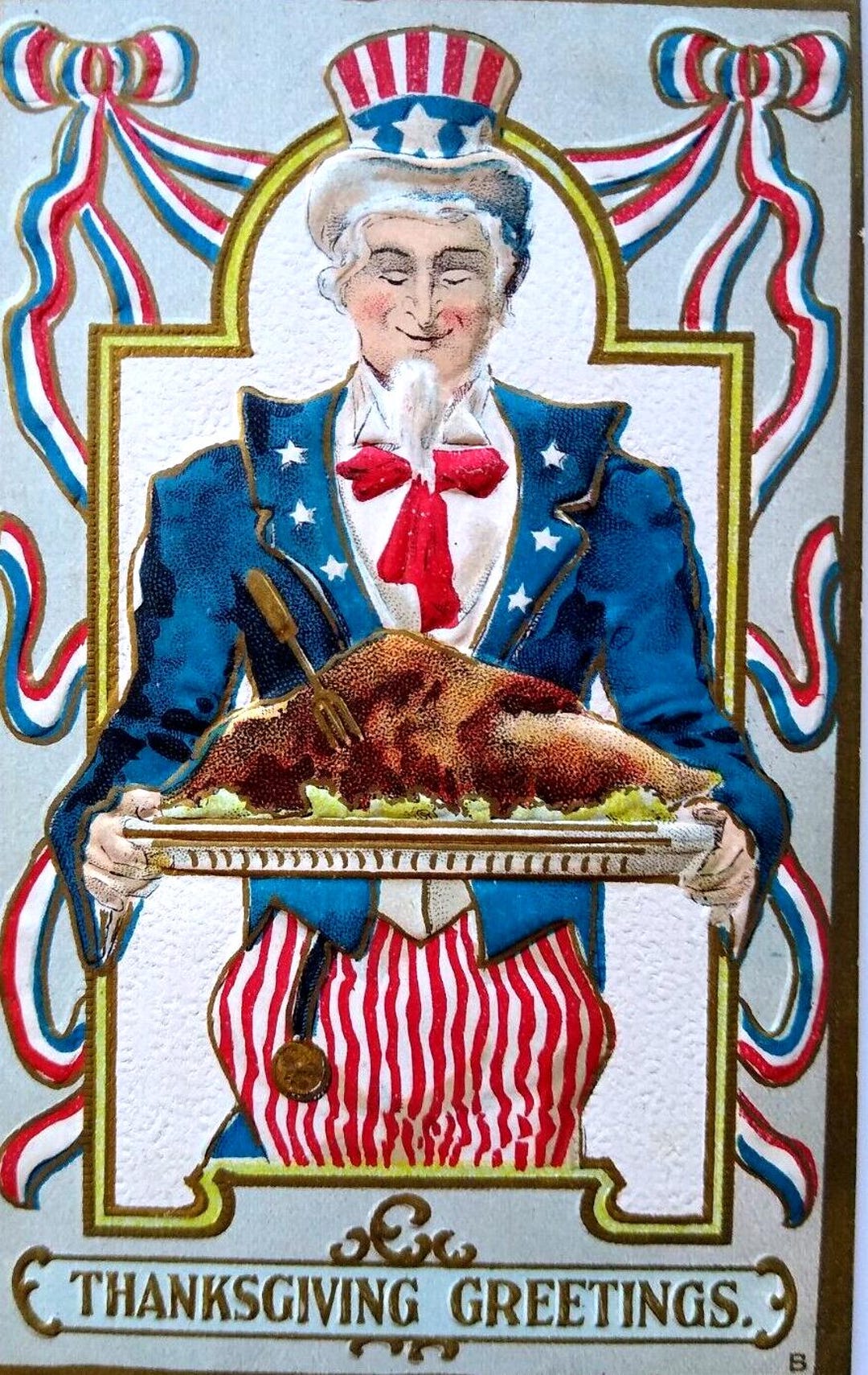 Uncle Sam Thanksgiving Greetings Postcard Patriotic Embossed Turkey ...