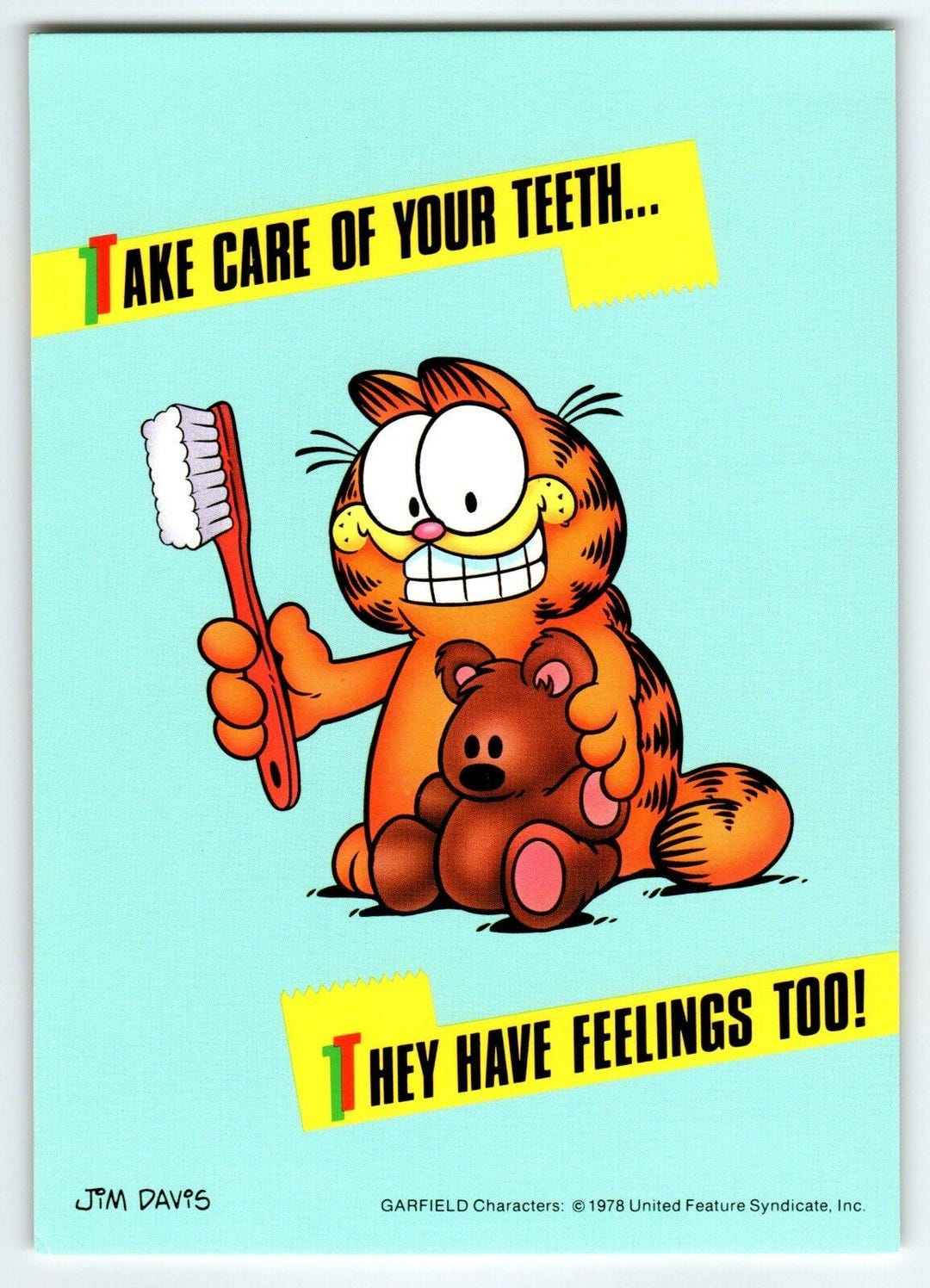 Garfield the Cat Postcard Holding Toothbrush Signed Jim Davis Comic ...