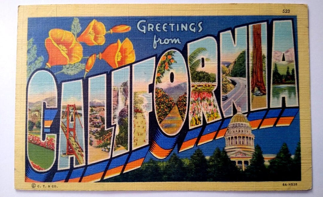 Greetings From California Large Letter Linen Postcard Curt Teich 1940's ...