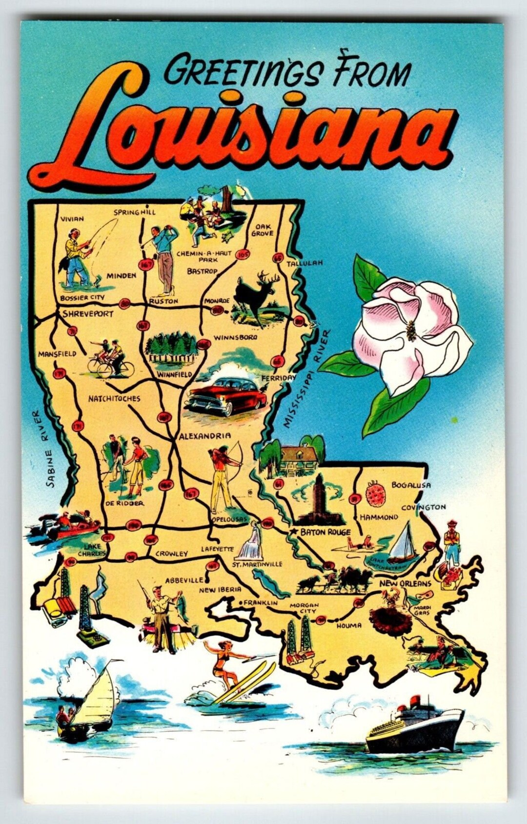 Postcard Greetings From Louisiana Map Chrome State Flower - Etsy
