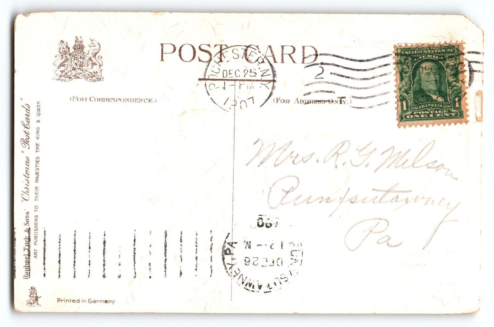 Santa Claus Tuck Christmas Postcard 1900's Brown Coat Tree Church Bells ...