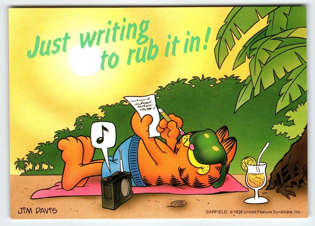 Garfield Just Writing to Rub It in Postcard Signed Jim Davis Comic Cat ...