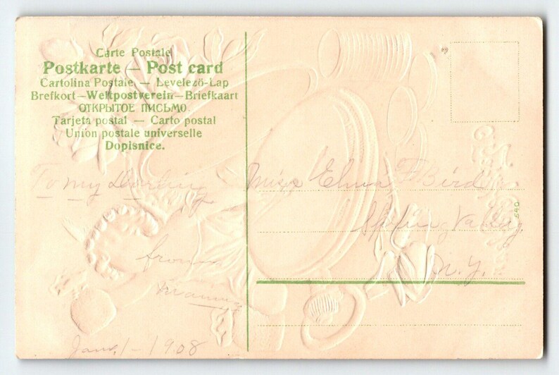 New Year Postcard Cherub Angel Pocket Watch Rose Gold Trimmed Coins ...