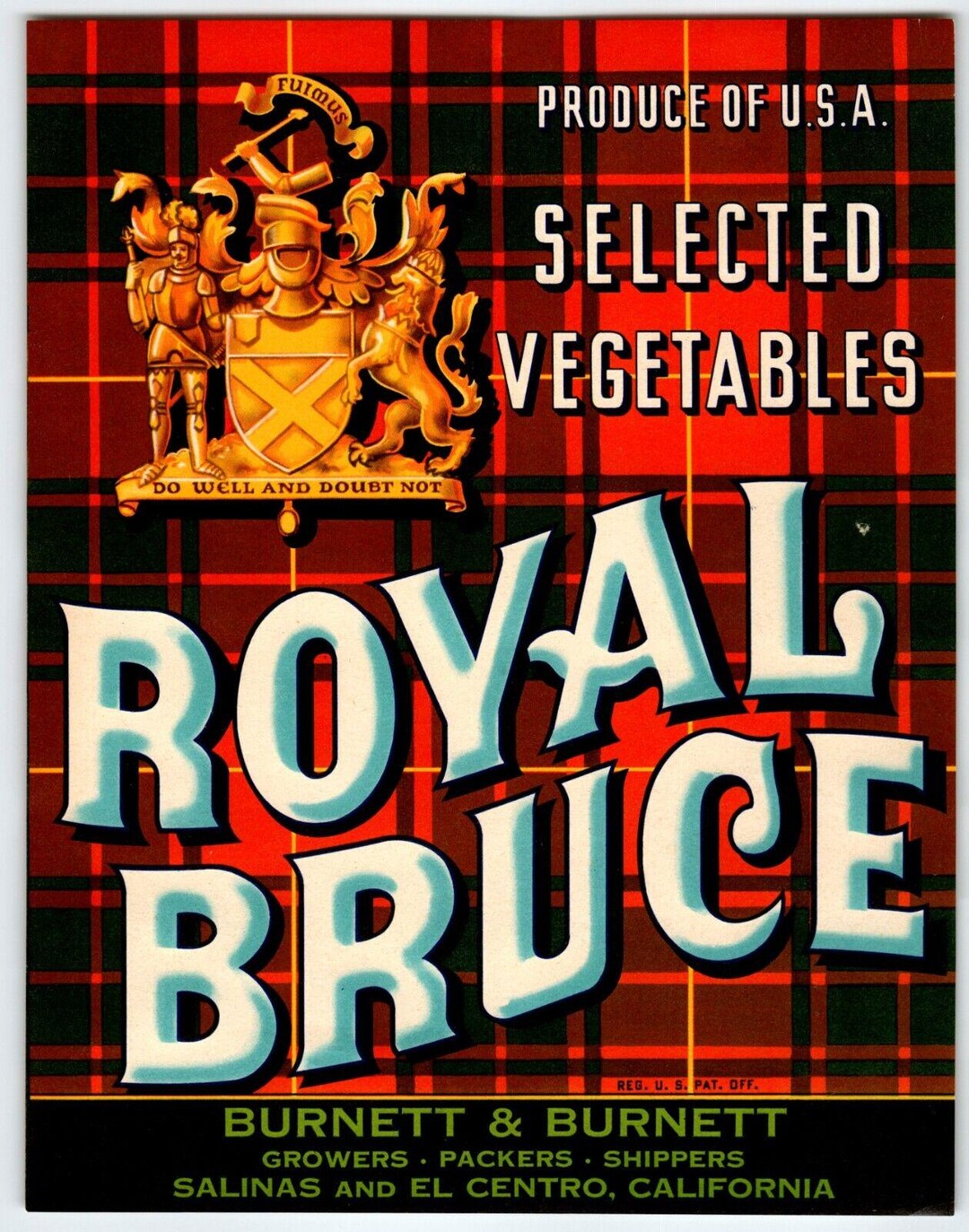 Royal Bruce Vegetables Crate Label Plaid Crest Artwork 1940s Vintage ...