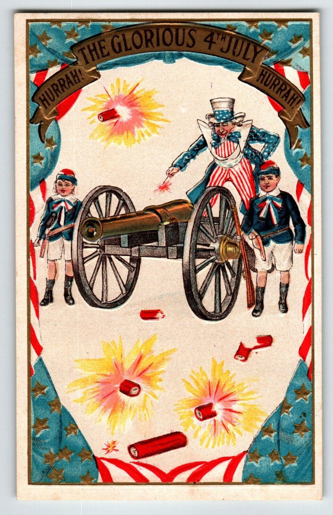 4th of July Uncle Sam Cannon Fireworks Stars Children Postcard 258 ...