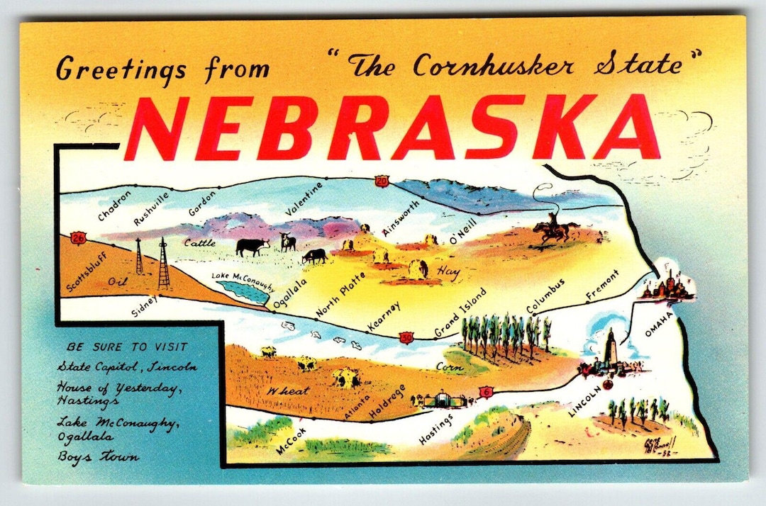 Postcard Greetings From Nebraska Map Chrome the Cornhusker State Unused ...