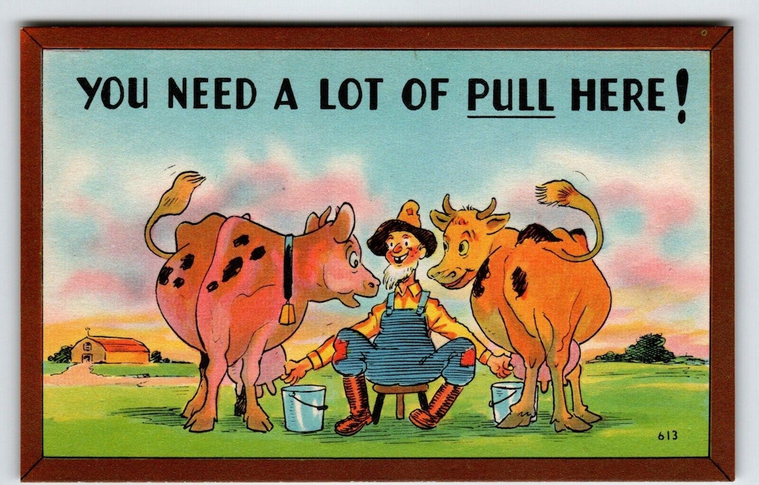 Farmer Milks Cows Pull Here Funny Linen Postcard Comical Humor Unposted ...