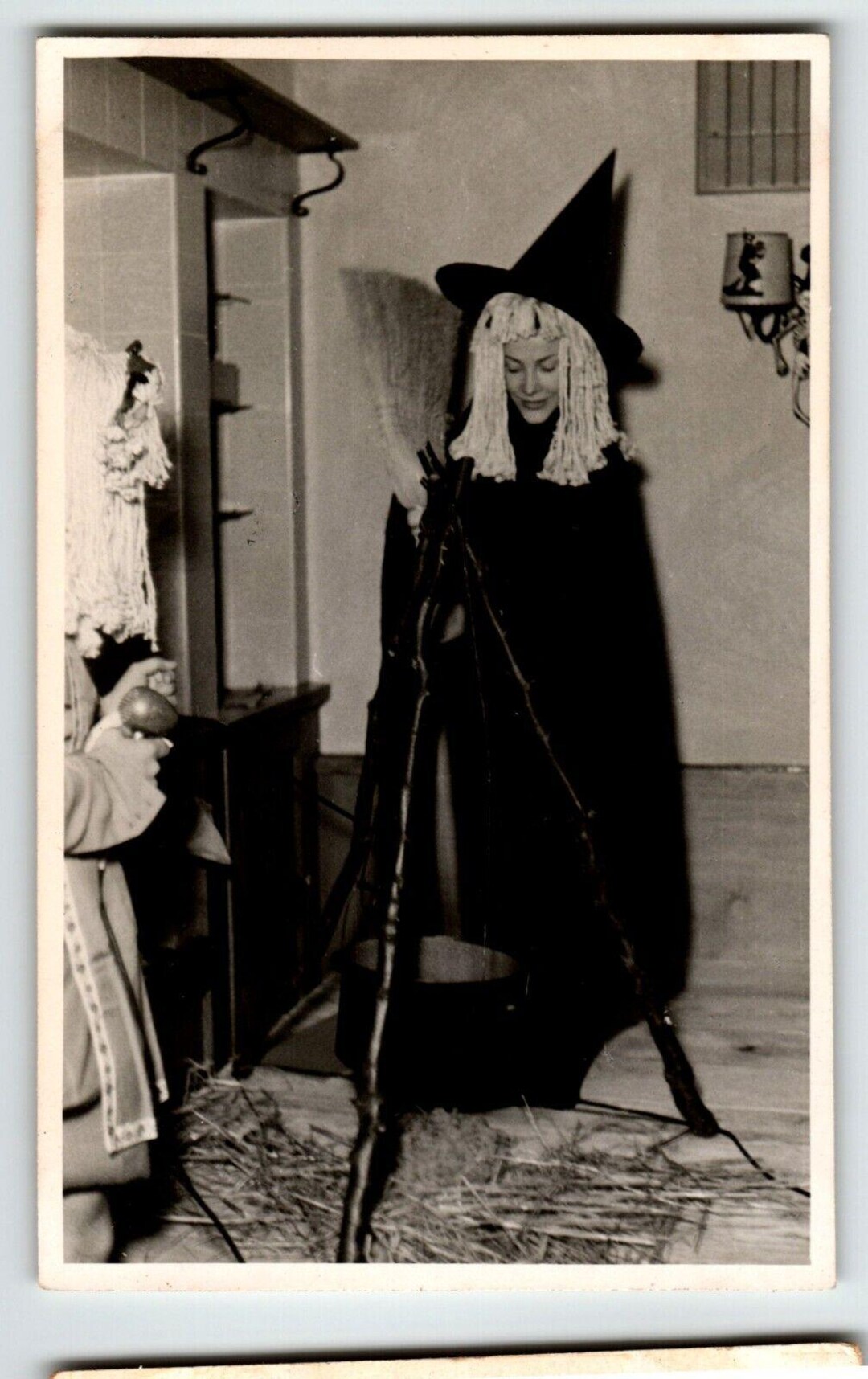 Halloween Postcard Real Photo Witch Girl Broom Cauldron RPPC Vintage ...