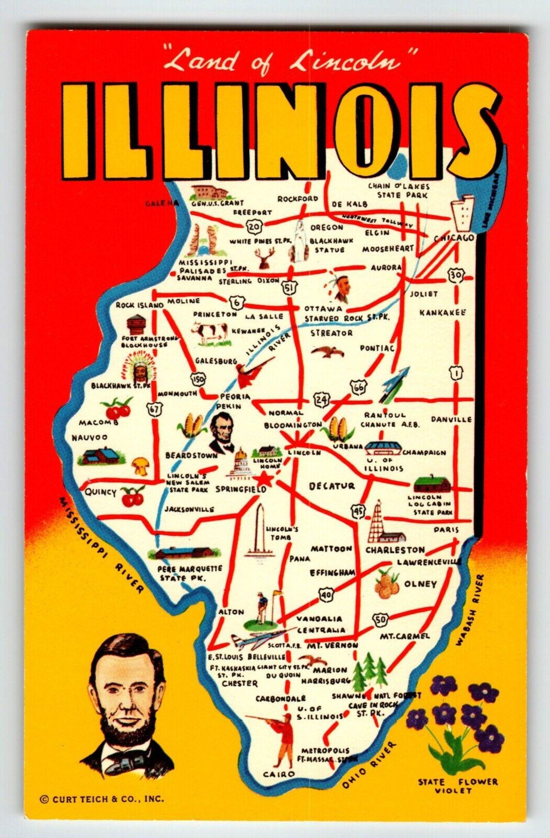 Greetings From Illinois Postcard Map Chrome State Abe Lincoln Violet ...
