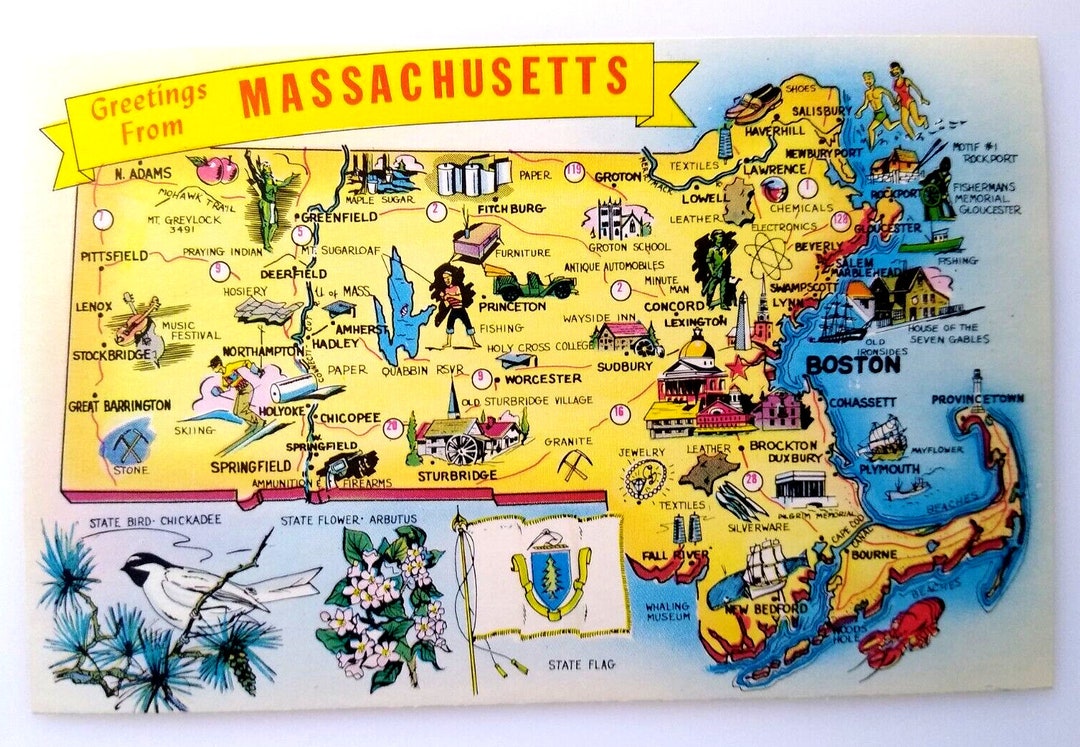 Greetings From Massachusetts Map Chrome Postcard Lobster - Etsy