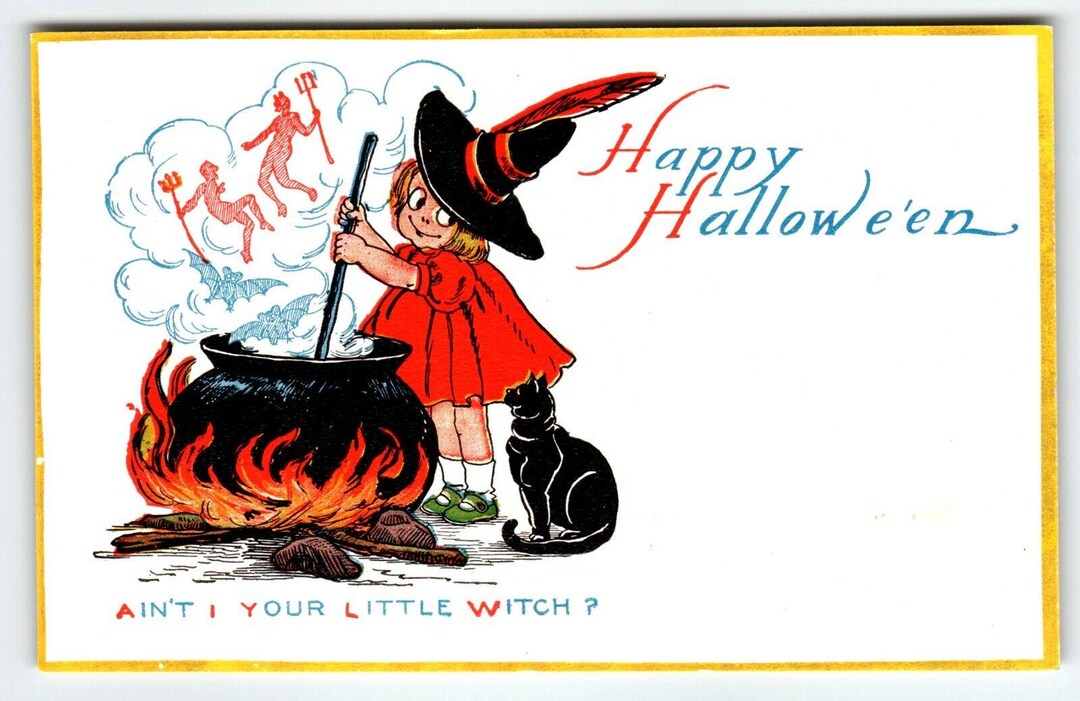 Halloween Postcard Little Girl Witch Cauldron Devils Pitchforks Black ...