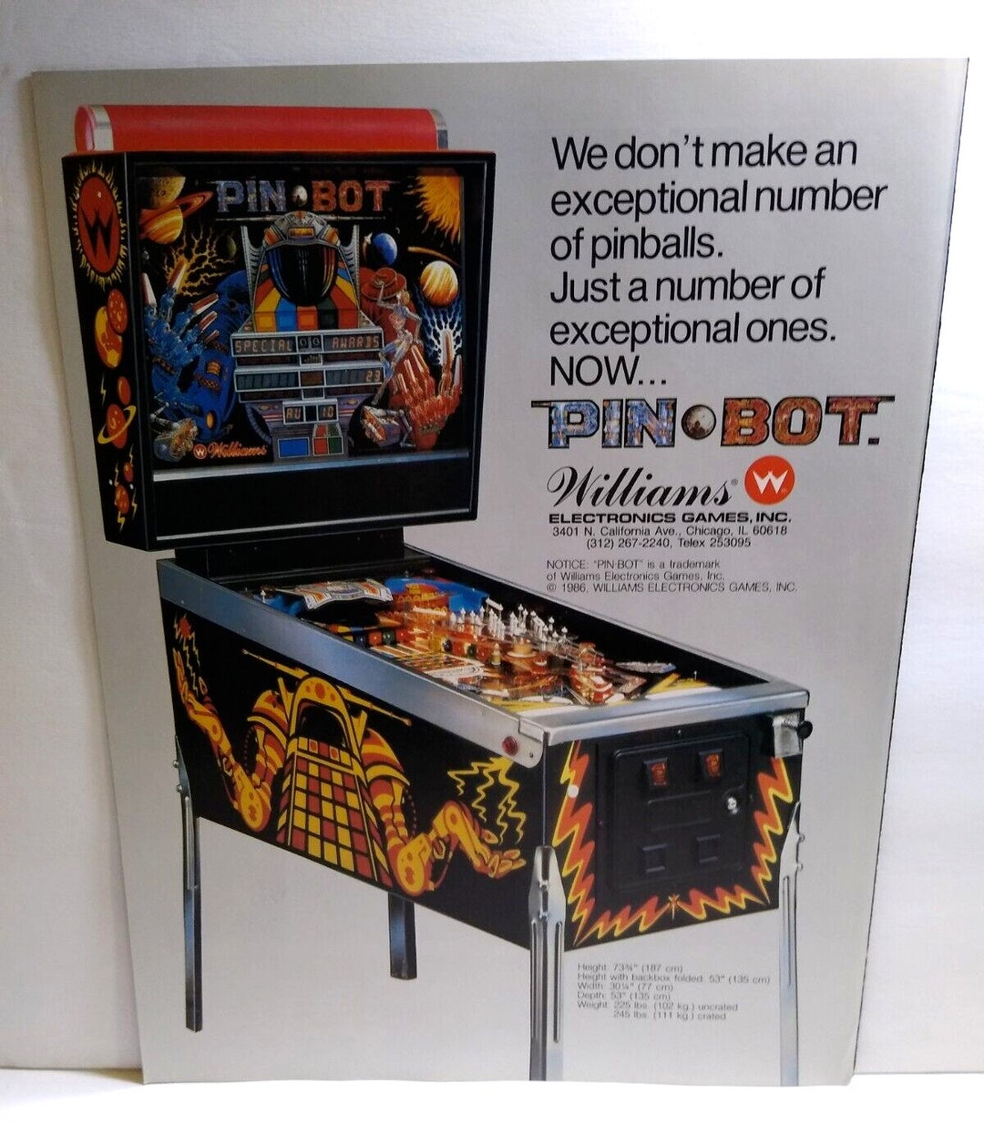 Pinbot Pinball Machine Flyer Original Vintage Game Art 1986 - Etsy