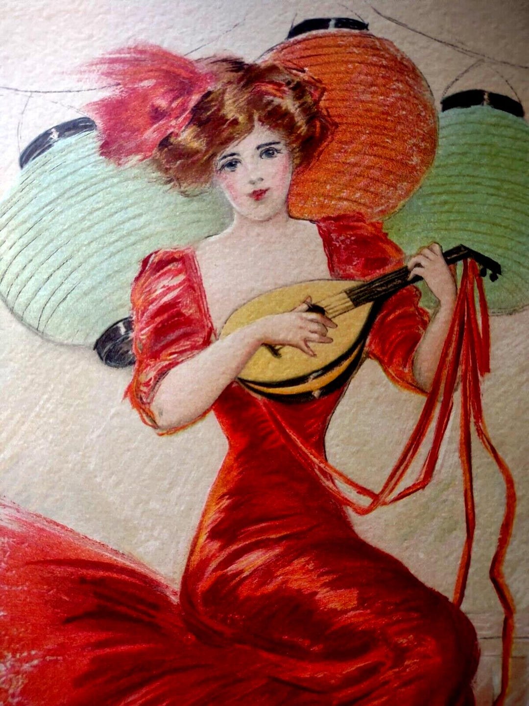 Victorian Art Print Women Lanterns Mandolin Guitar Lithograph 1909 Maud Stumm - Etsy