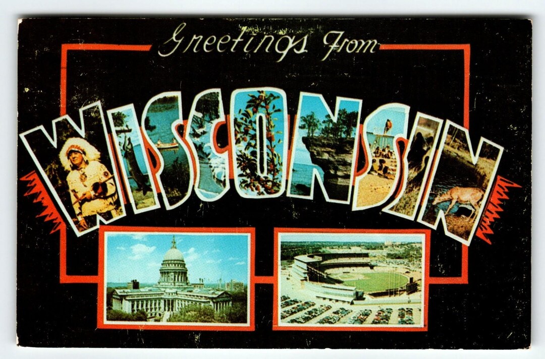 Greetings From Wisconsin 1960 Large Big Letter Postcard State Stadium ...
