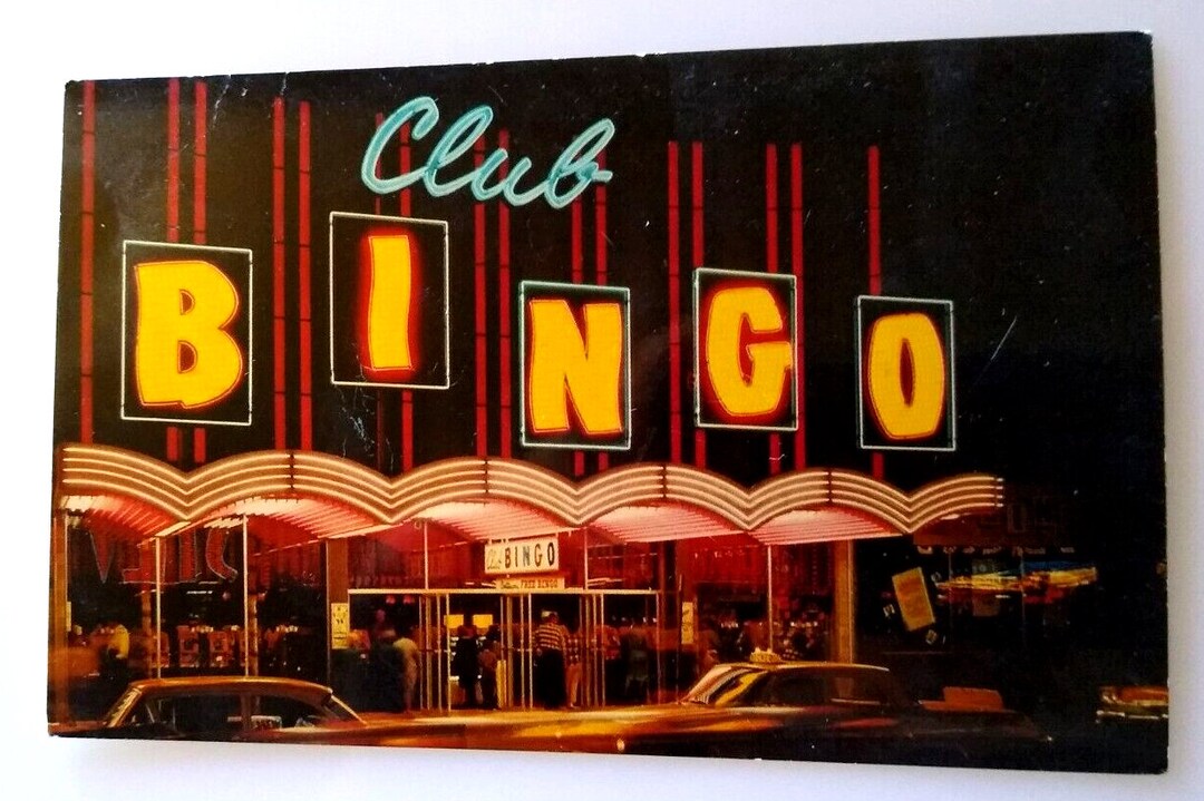 Club Bingo Postcard Las Vegas Nevada Neon Lights Sign Old Cars Cab ...
