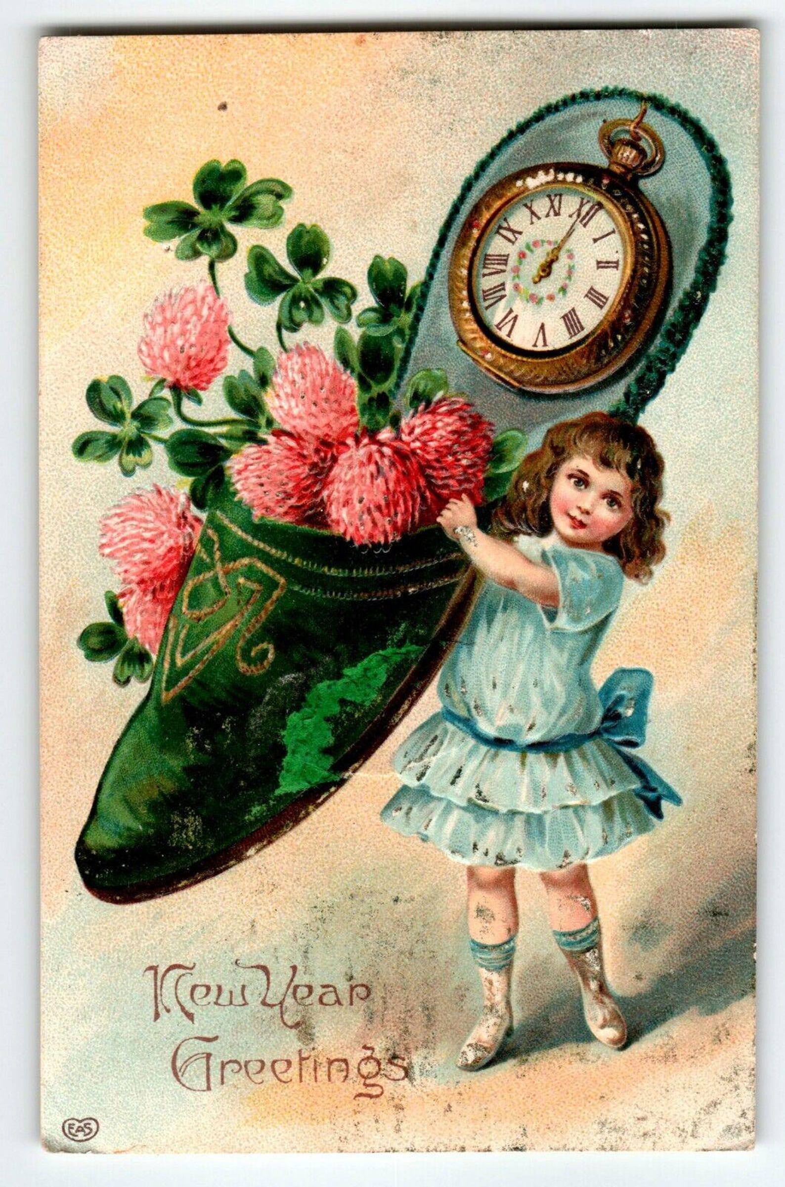 New Year Postcard Girl Holds Giant Shoe Clock With Flowers 1910 EAS ...
