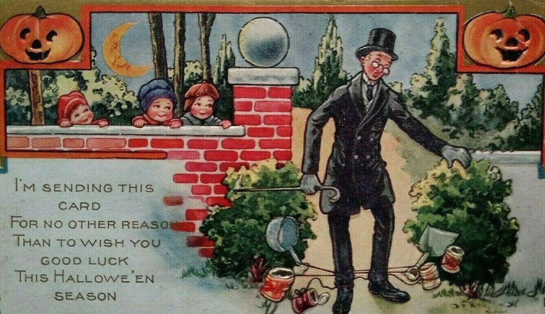 Antique Halloween Postcard Whitney Kids Tripping Man 2 Pumpkins Pranks ...