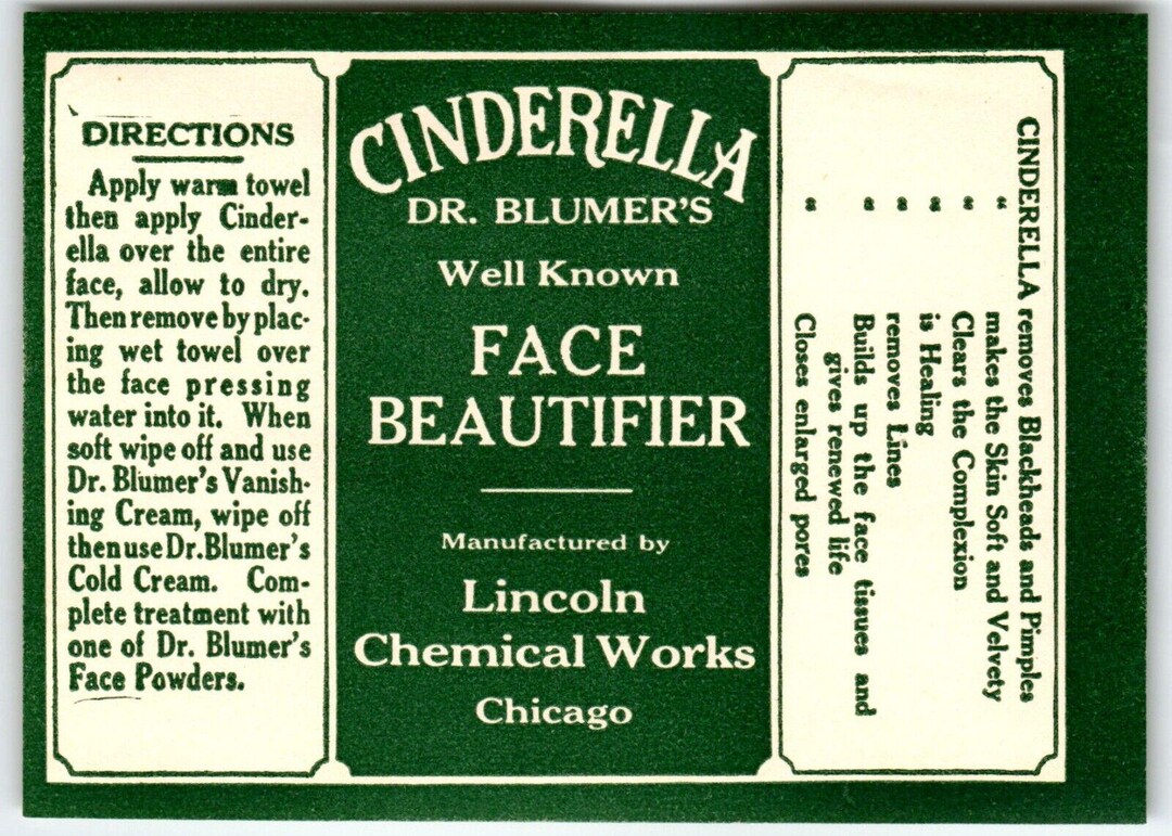 Cinderella Dr Blumer's Face Beautifier Product Label 1940's Original ...