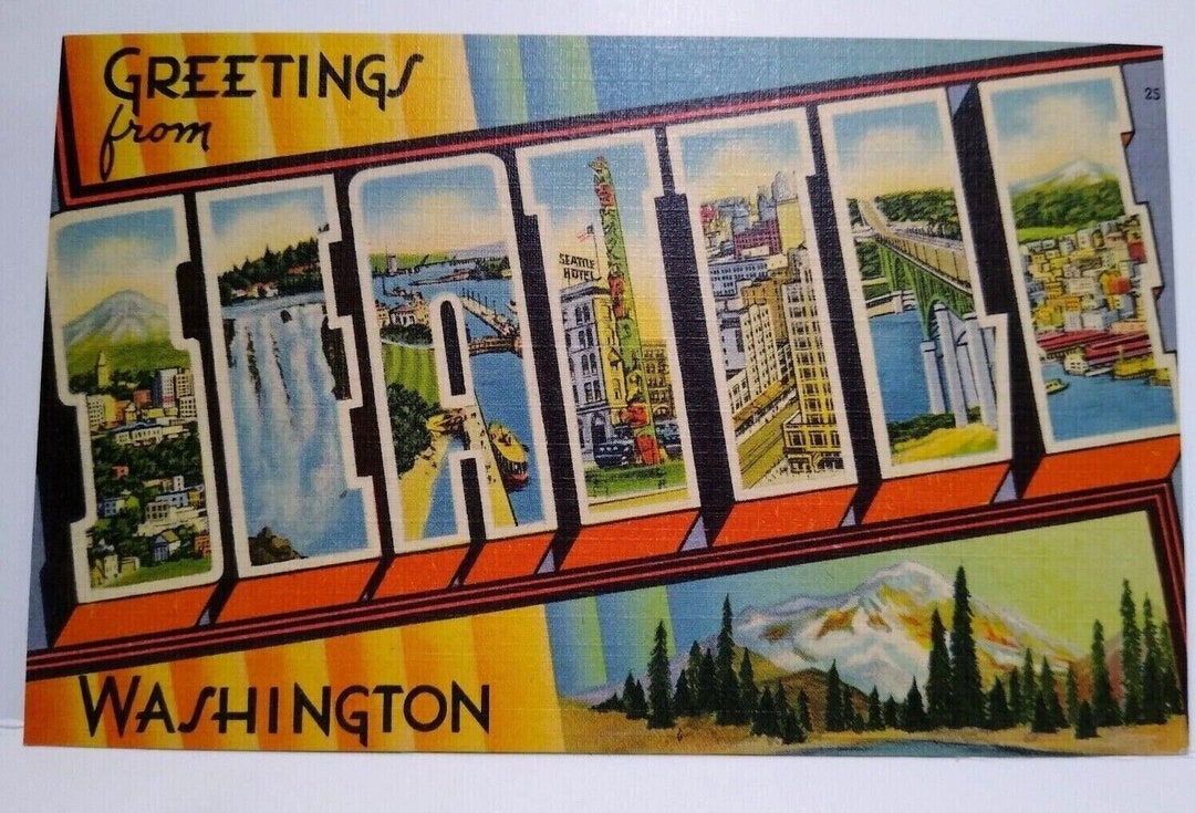 Greetings From Seattle Washington Large Letter Linen Postcard - Etsy
