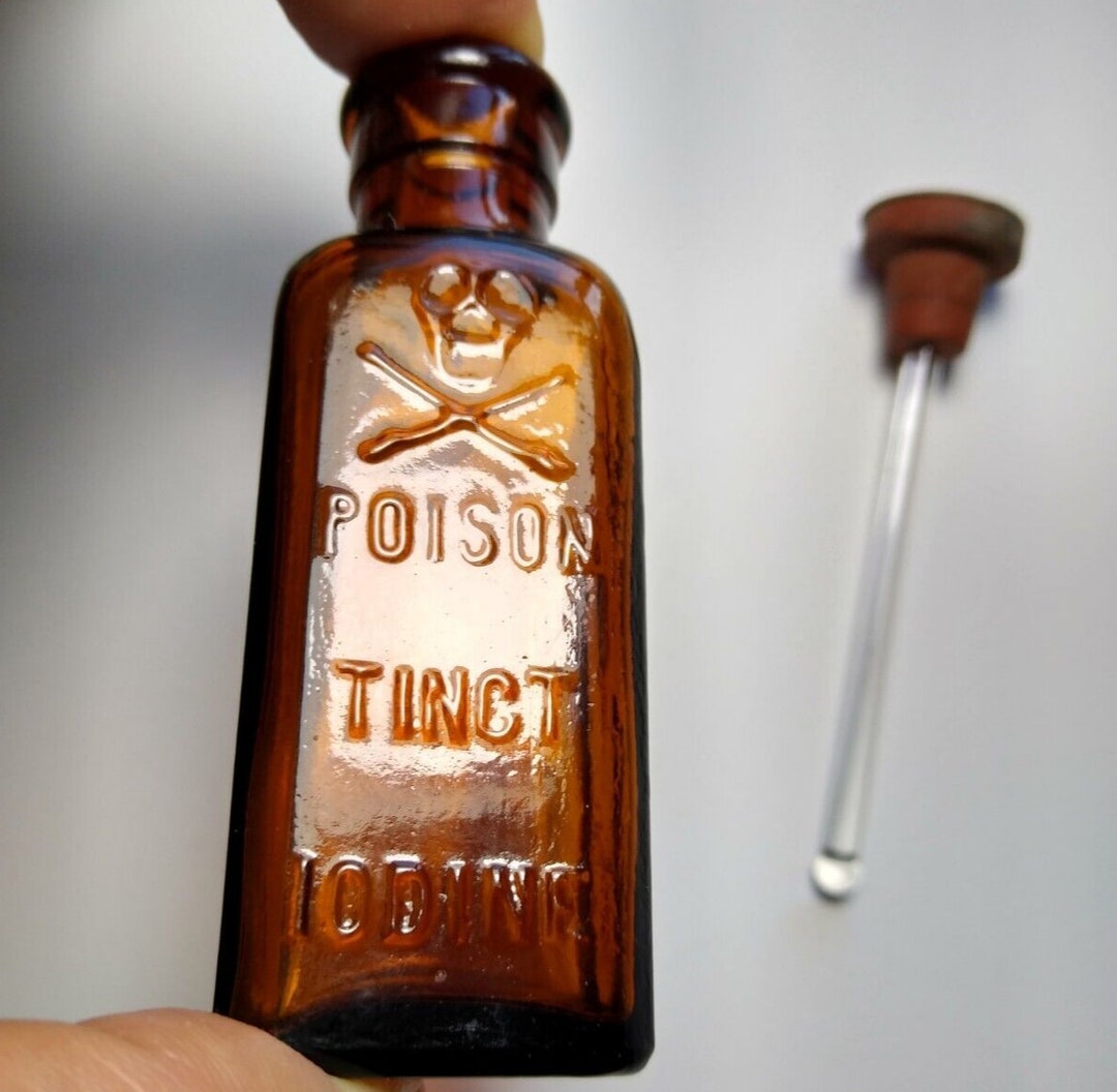 Antique Poison Bottle Amber Brown Glass Dauber Skull Bones TINCT Iodine ...