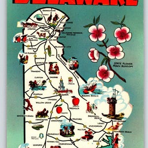 Postcard Greetings From Delaware Map Chrome Unposted Peach Blossom ...