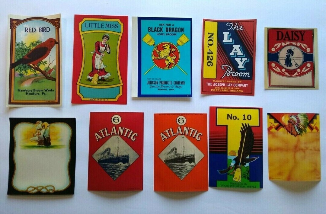 Vintage Broom Labels 10 Original Red Bird Black Dragon Atlantic Pirate ...