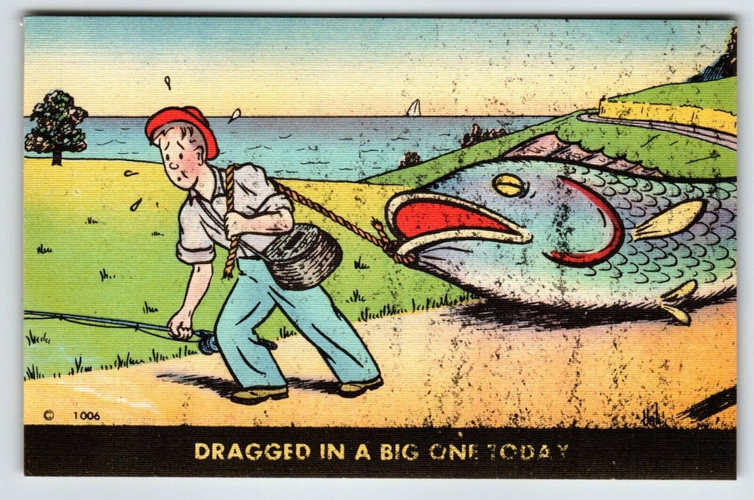 Fishing Linen Postcard Man Drags Huge Exaggerated Fish Humor Signed Unk ...