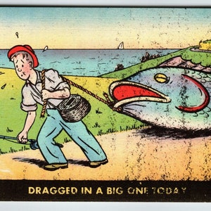 Fishing Linen Postcard Man Drags Huge Exaggerated Fish Humor Signed Unk ...