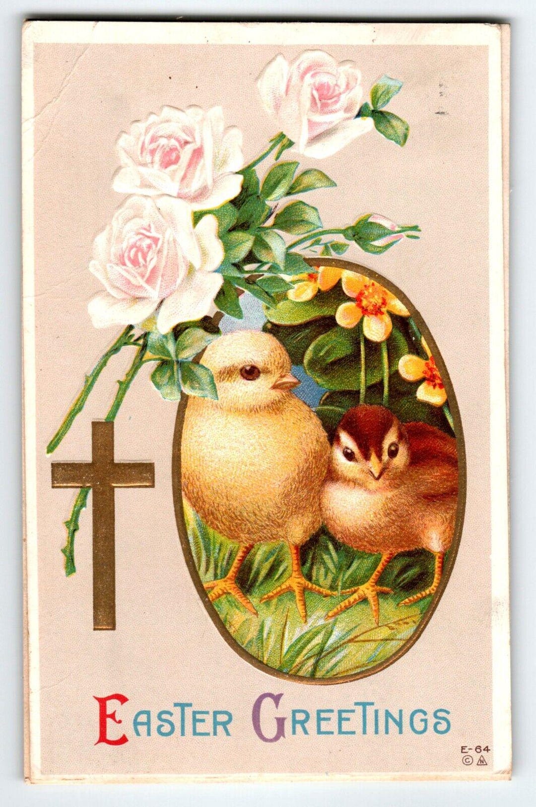 Easter Postcard Baby Chicks Roses Cross Flowers Nash 1915 Embossed ...
