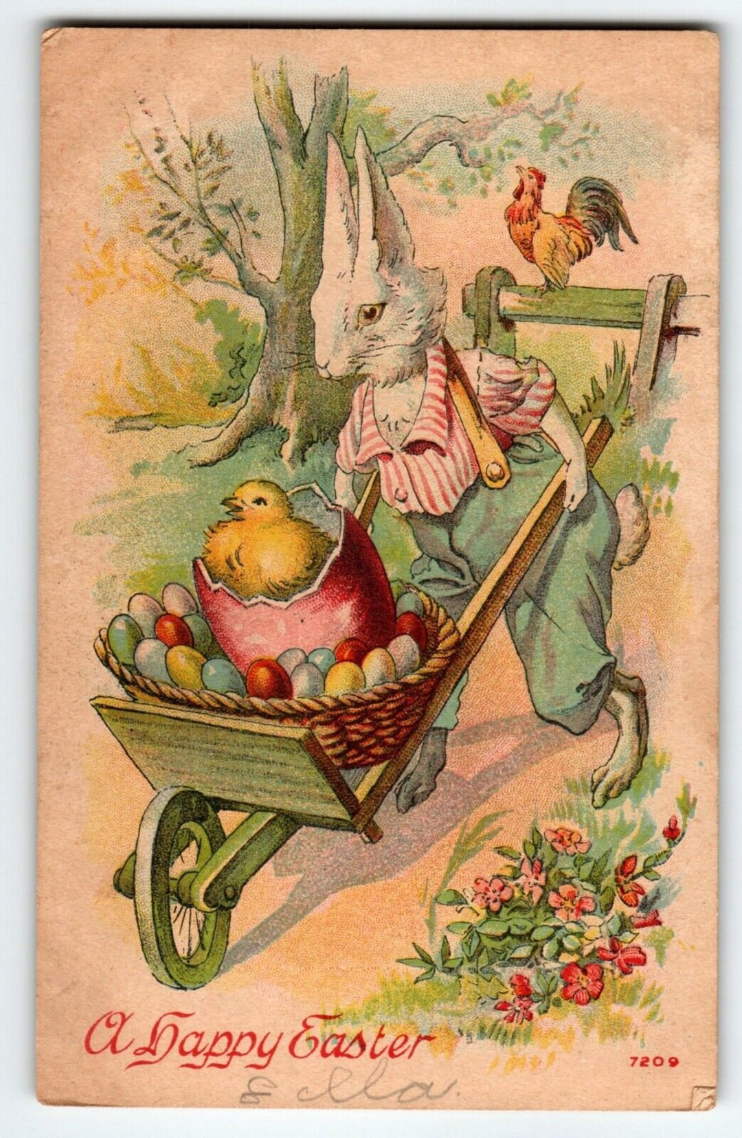 Easter Postcard Dressed White Rabbit Carts Baby Chick and Painted Eggs ...