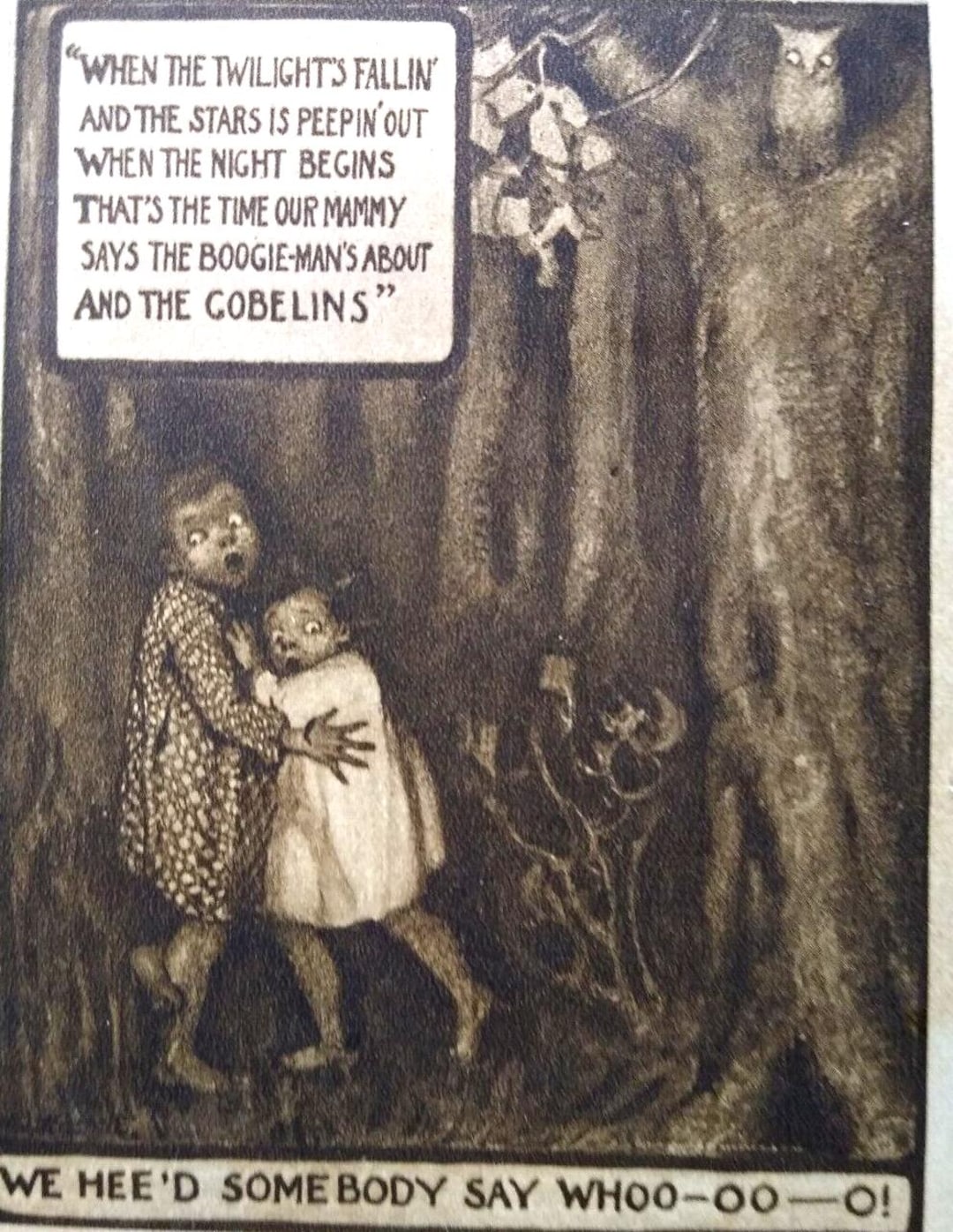 Halloween Postcard Boogie-man Gobelins Fantasy Owl Sepia Scared ...