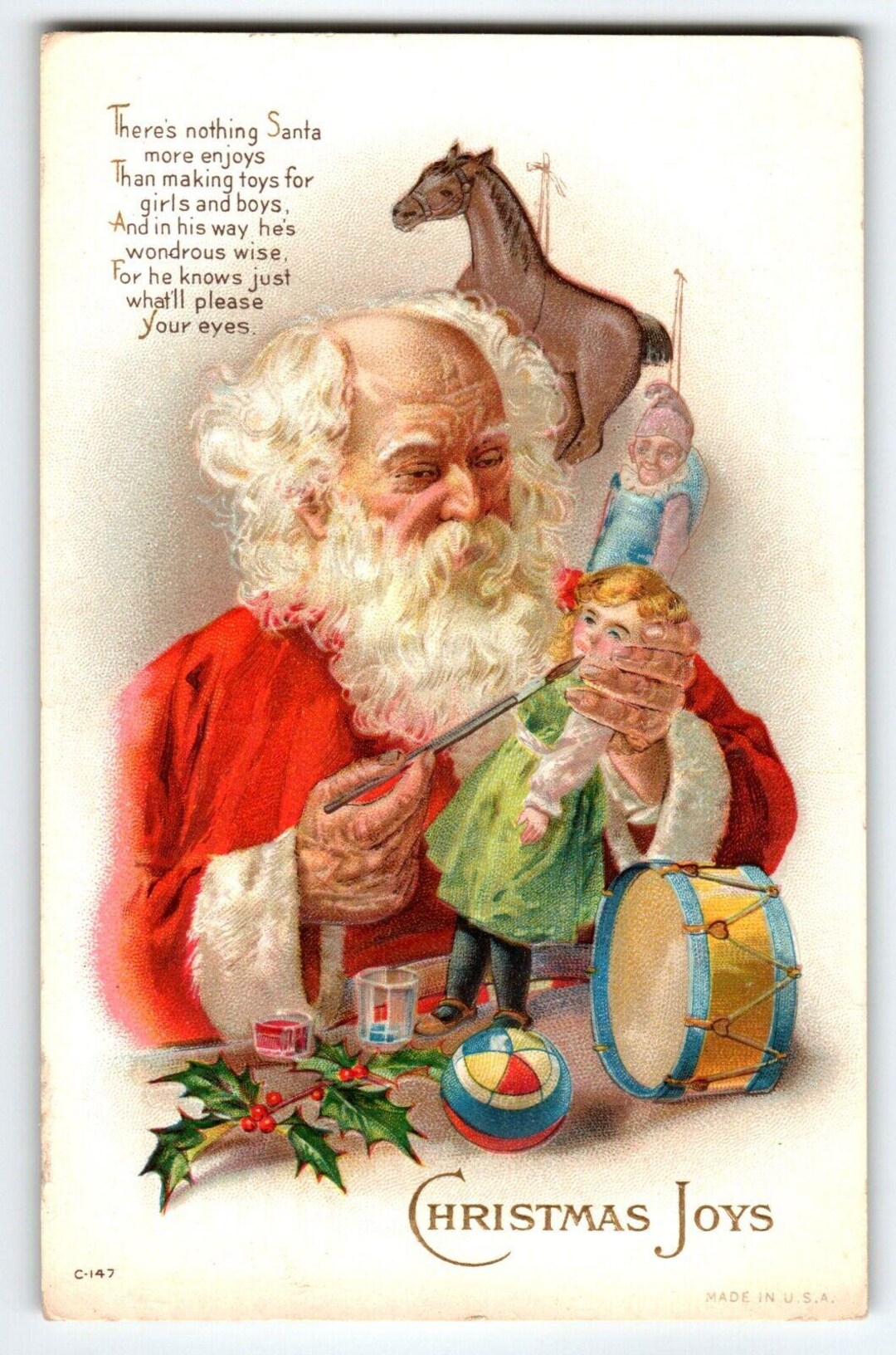 Santa Claus Without His Hat Christmas Postcard Painting Toy Doll 1915 C ...