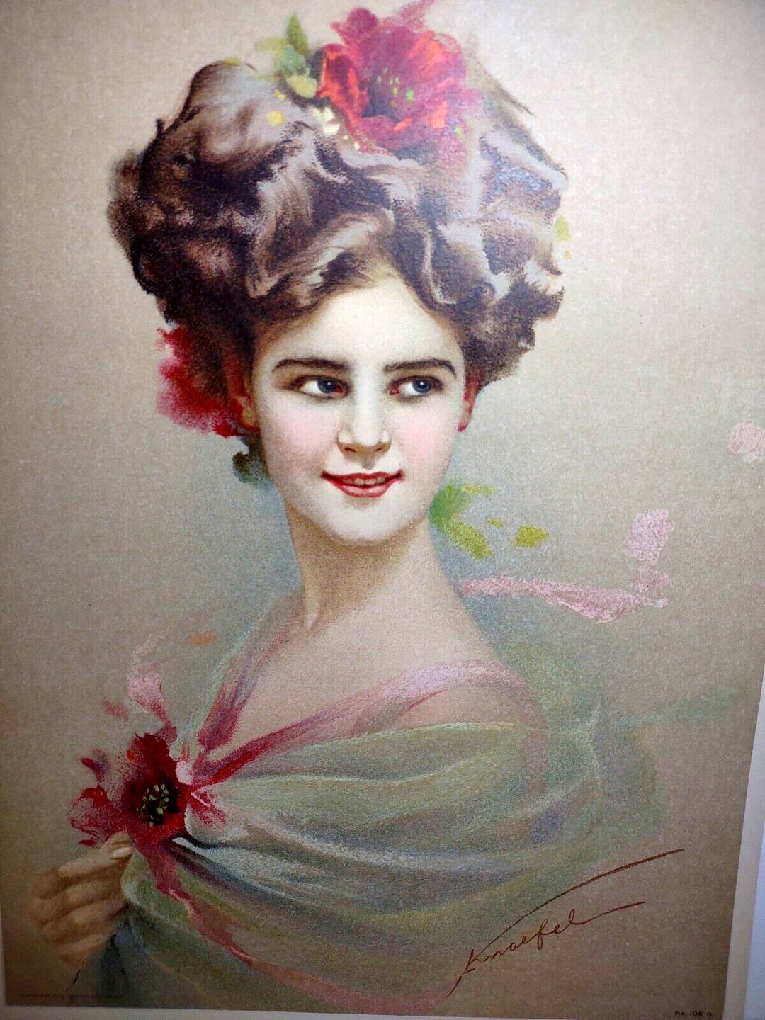 Victorian Art Print Red Flower Lady Artist Signed Knoefel Gray - Etsy