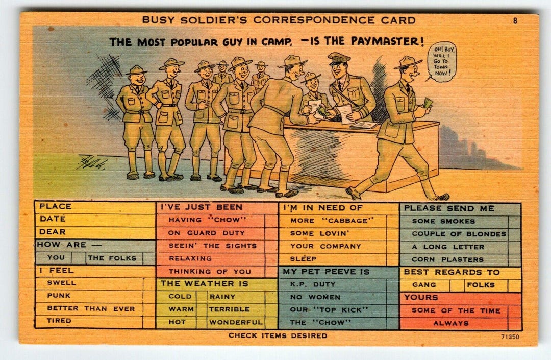 US Army Military Postcard Paymaster Pays Soldiers 1940's War Linen WW2 ...