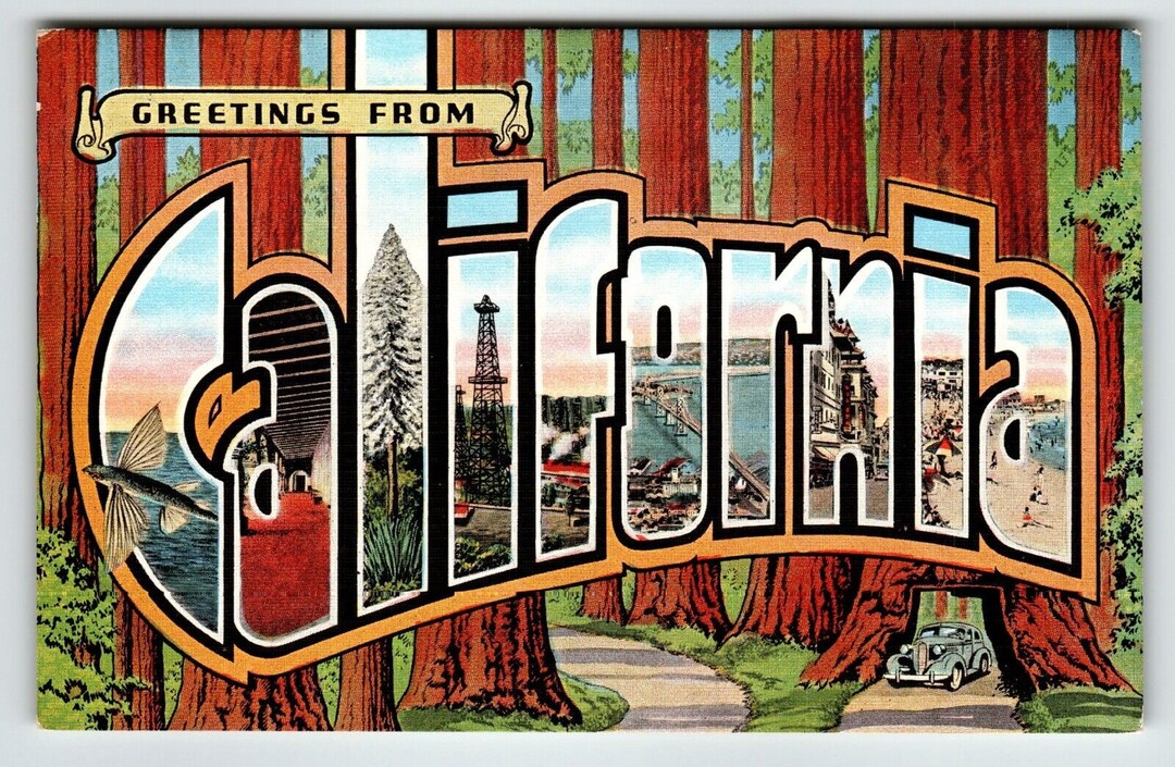 Greetings From California Large Letter Linen Postcard Flying - Etsy