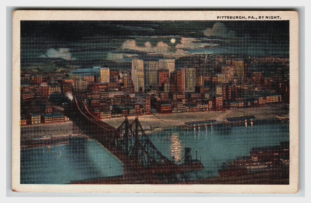 Pittsburgh PA Night Cityscape Bridge Linen Postcard T. Robbins & Son ...