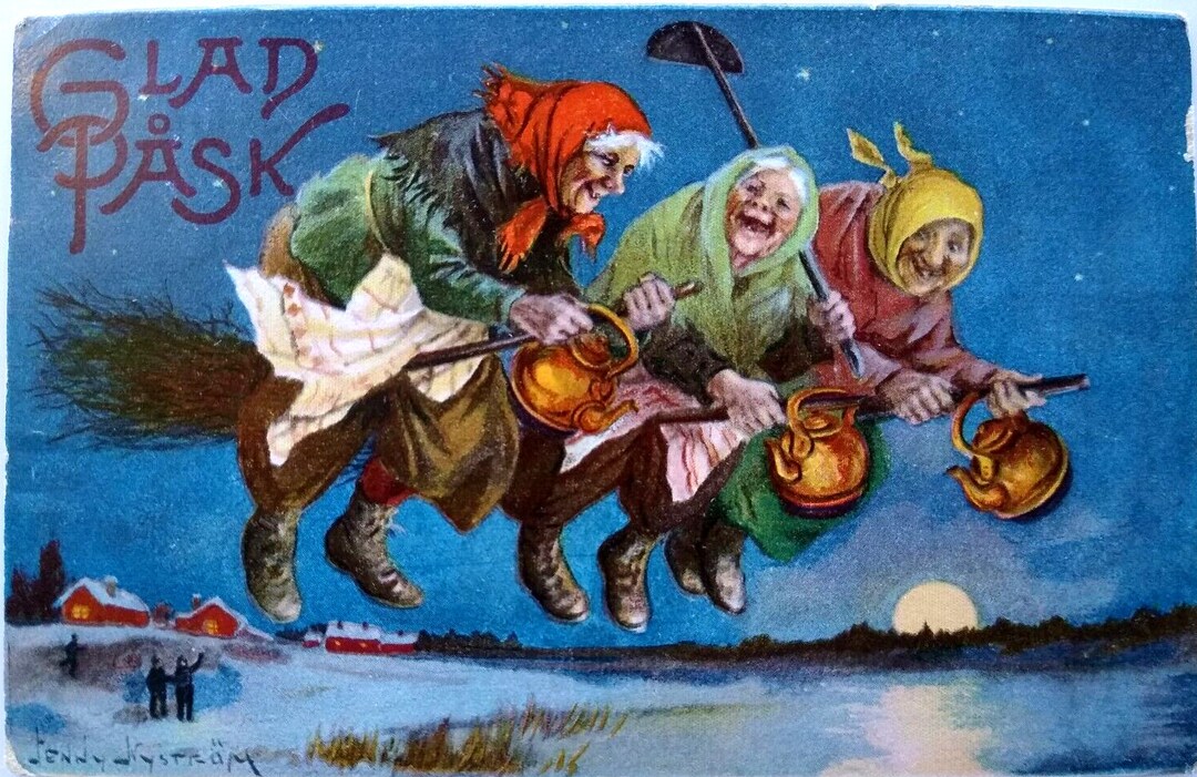 Easter Witch Postcard Glad Pask 3 Witches Tea Pots Brooms Moon - Etsy