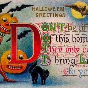 Halloween Postcard Fantasy Red Devil Vampire Bats Black Cat Rat HIR 142 ...