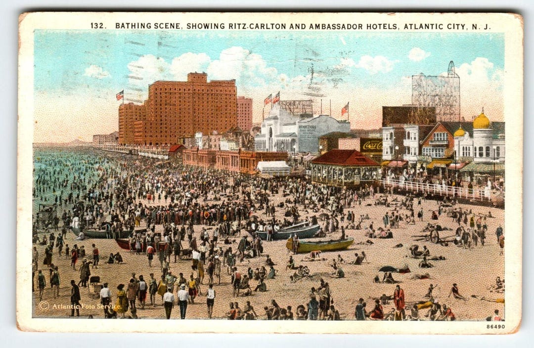 Atlantic City NJ Postcard Coca Cola Sign Ritz Carlton Ambassador Hotels ...