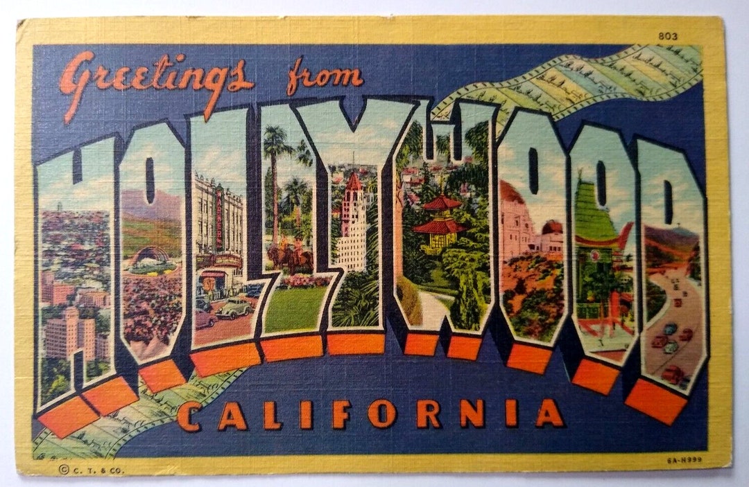 Greetings From Hollywood California Large Letter Linen Postcard Curt ...