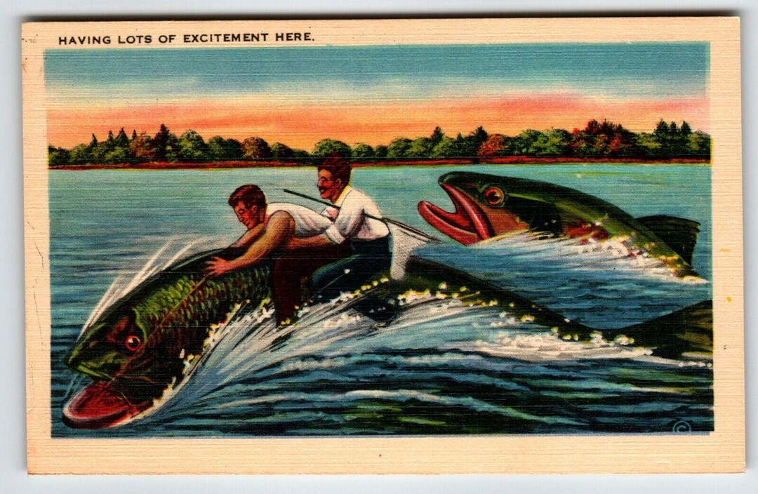 Fishing Linen Postcard Huge Exaggerated 2 Men Riding on Fish Unused ...