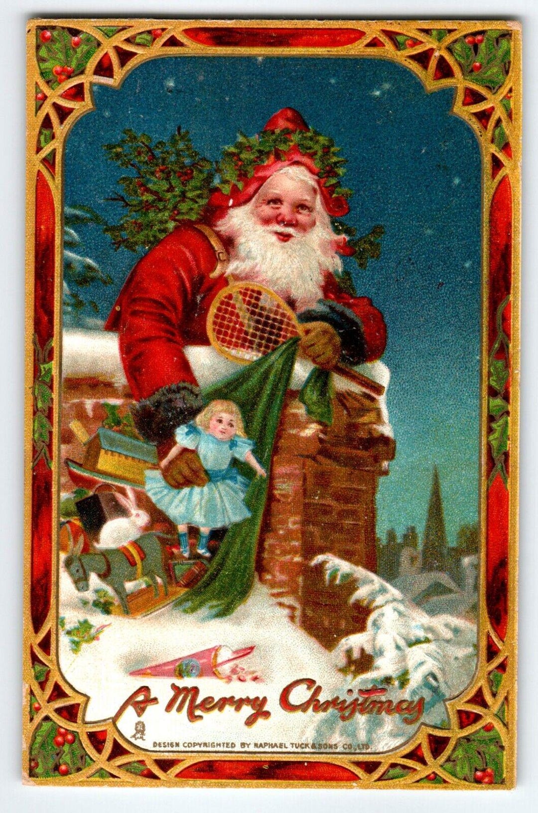 Santa Claus on Chimney Top Raphael Tuck Christmas Postcard Bowley ...