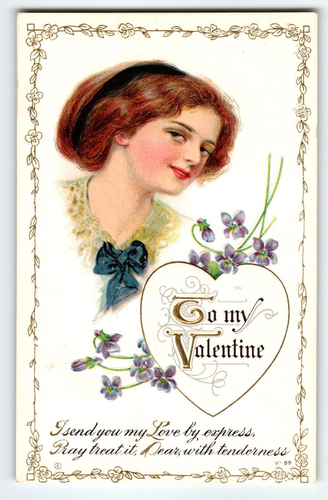 Vintage Valentine Postcard Woman Violets Embossed Unused Antique ...
