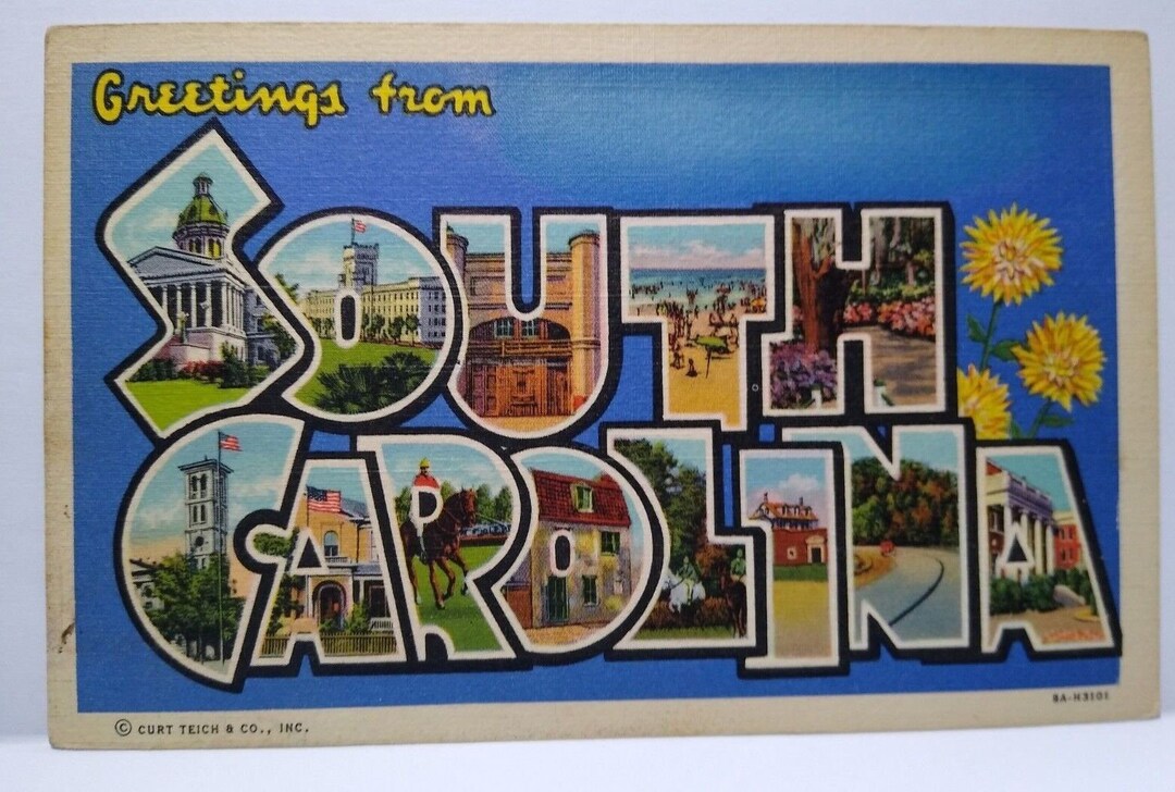 Greetings From South Carolina Large Big Letter Linen Postcard Curt ...