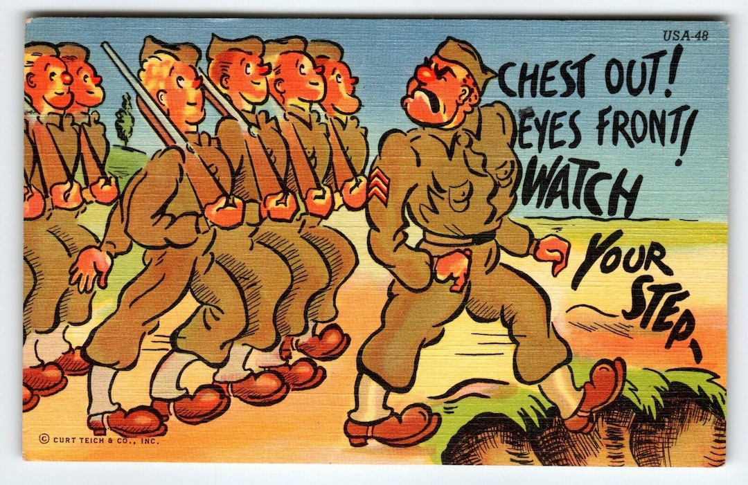 US Army Military Postcard Drill Sergeant March 1940's War Linen WW2 ...