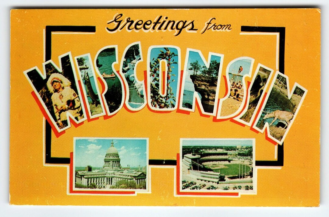 Greetings From Wisconsin Large Letter Postcard State Stadium Buildings ...