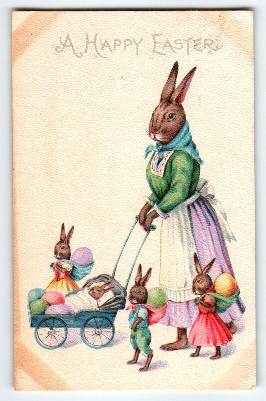 Easter Postcard Dressed Rabbits Bunny Family Fantasy Baby Carriage ...