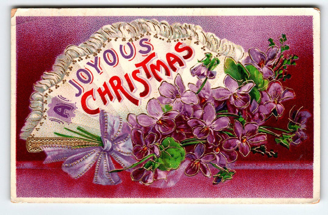 Vintage Embossed Joyous Christmas Fan & Violet Flowers Postcard - Etsy