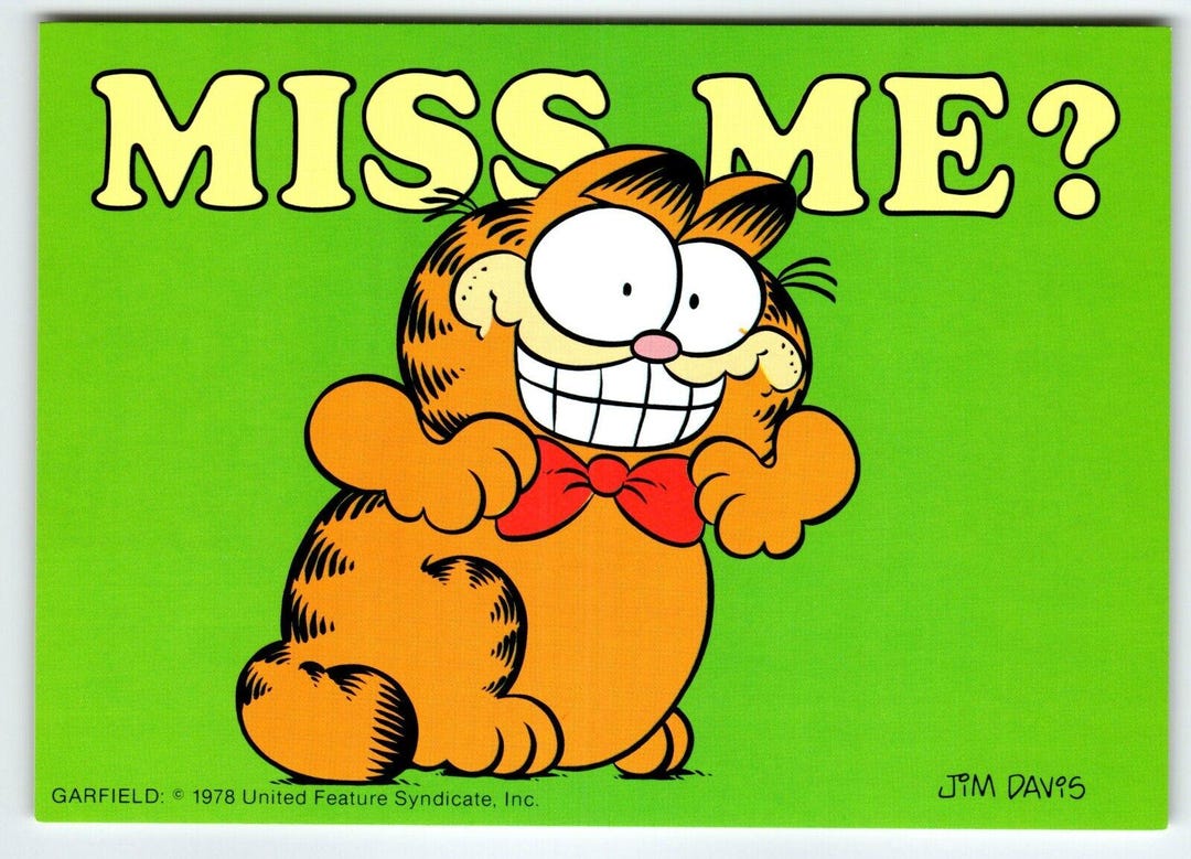 Garfield Cat Postcard Miss Me Orange Kitten With Bow Tie Jim Davis 1978 ...